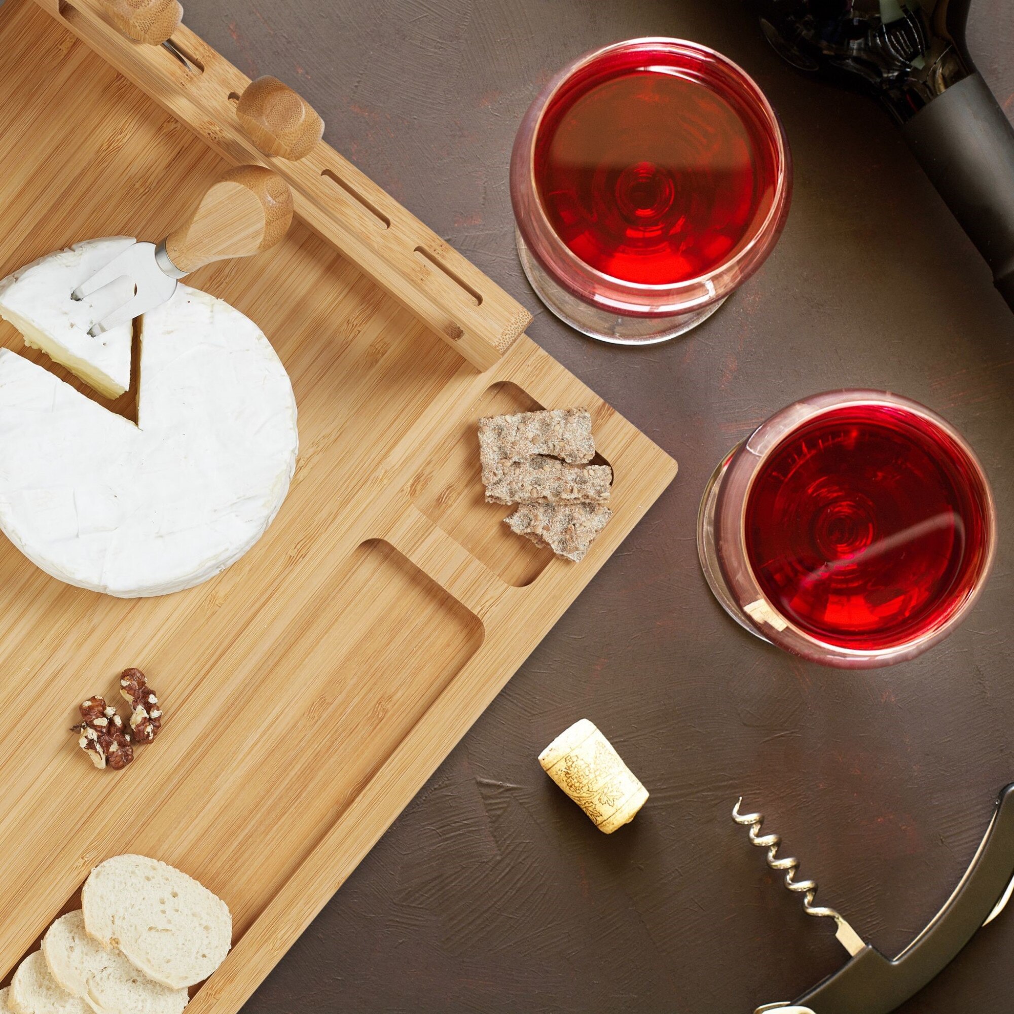Set pentru servire aperitive si branzeturi, cu platou din bambus, 4 ...
