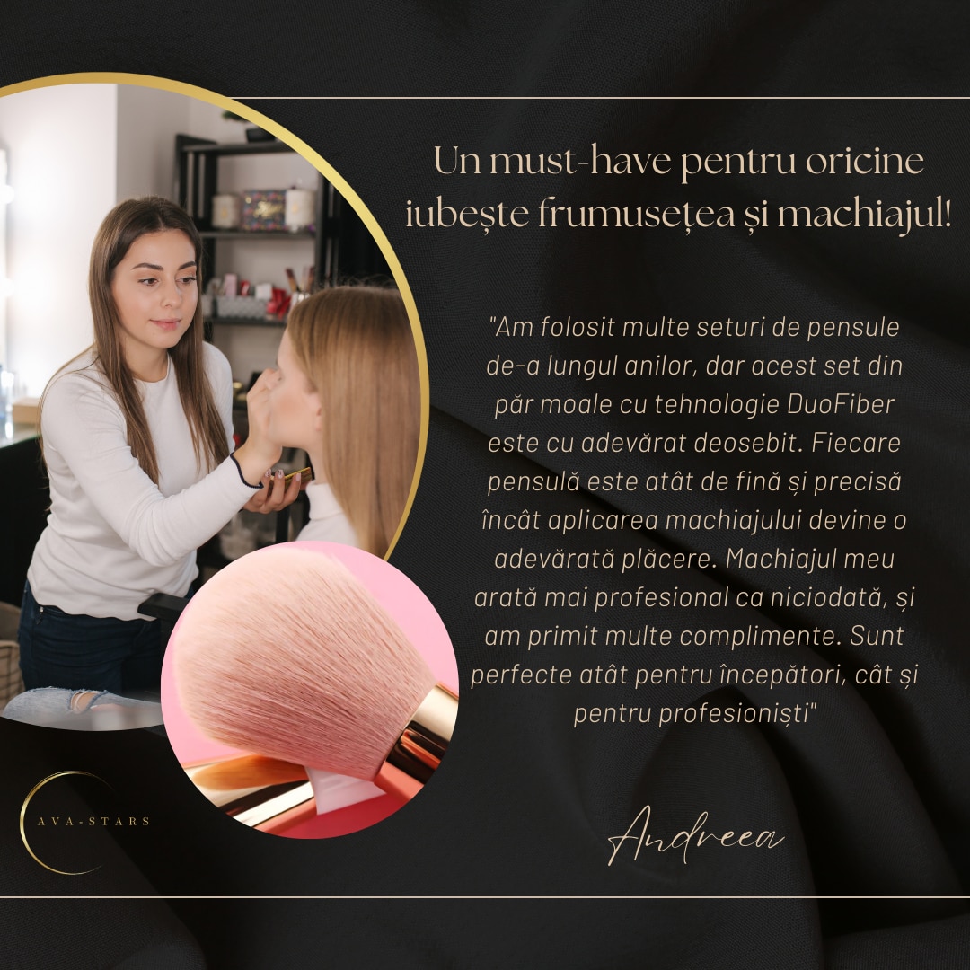 Pensule Machiaj Set DuoFiber cu manere din lemn si aluminiu, Trusa make ...