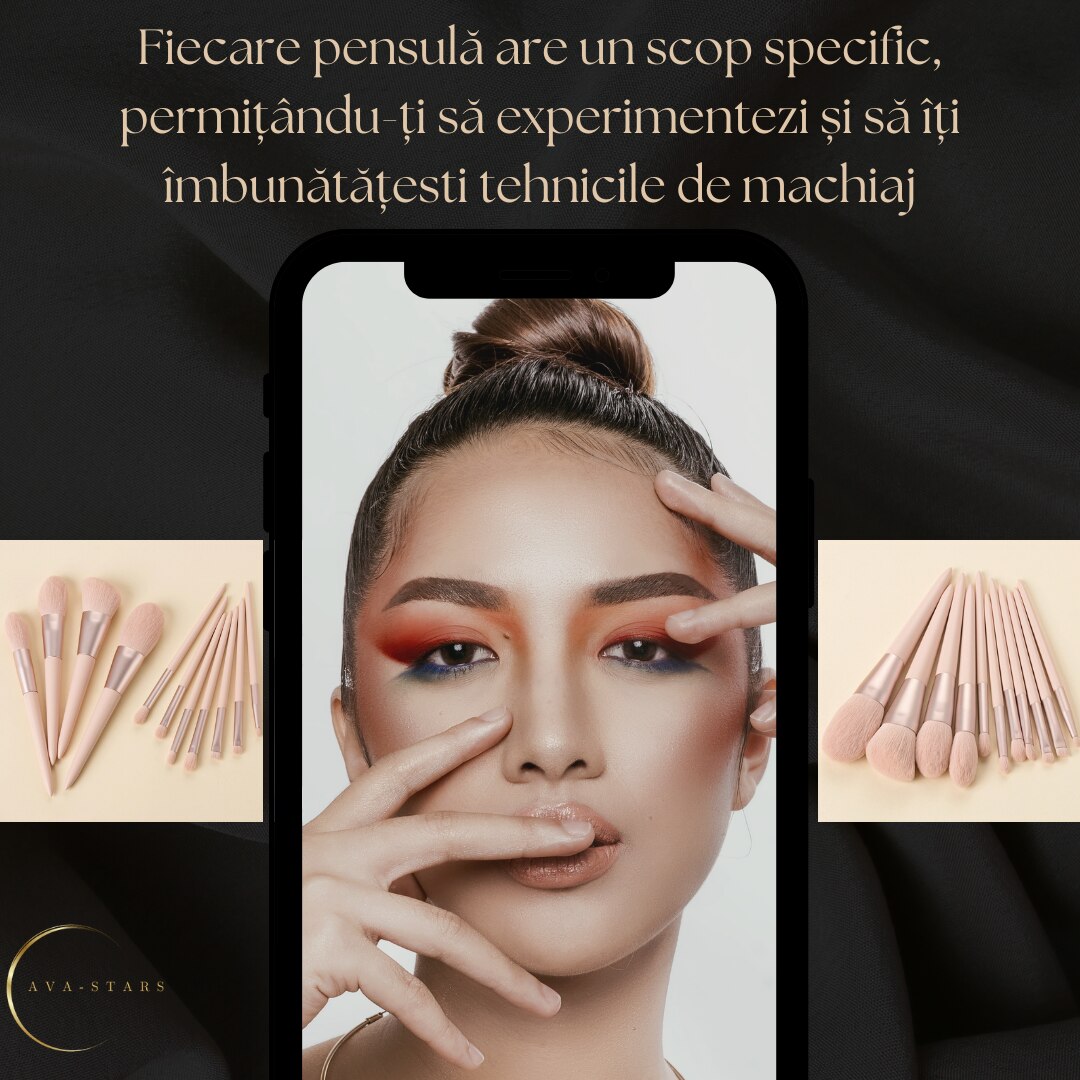 Pensule Machiaj Set DuoFiber cu manere din lemn si aluminiu, Trusa make ...