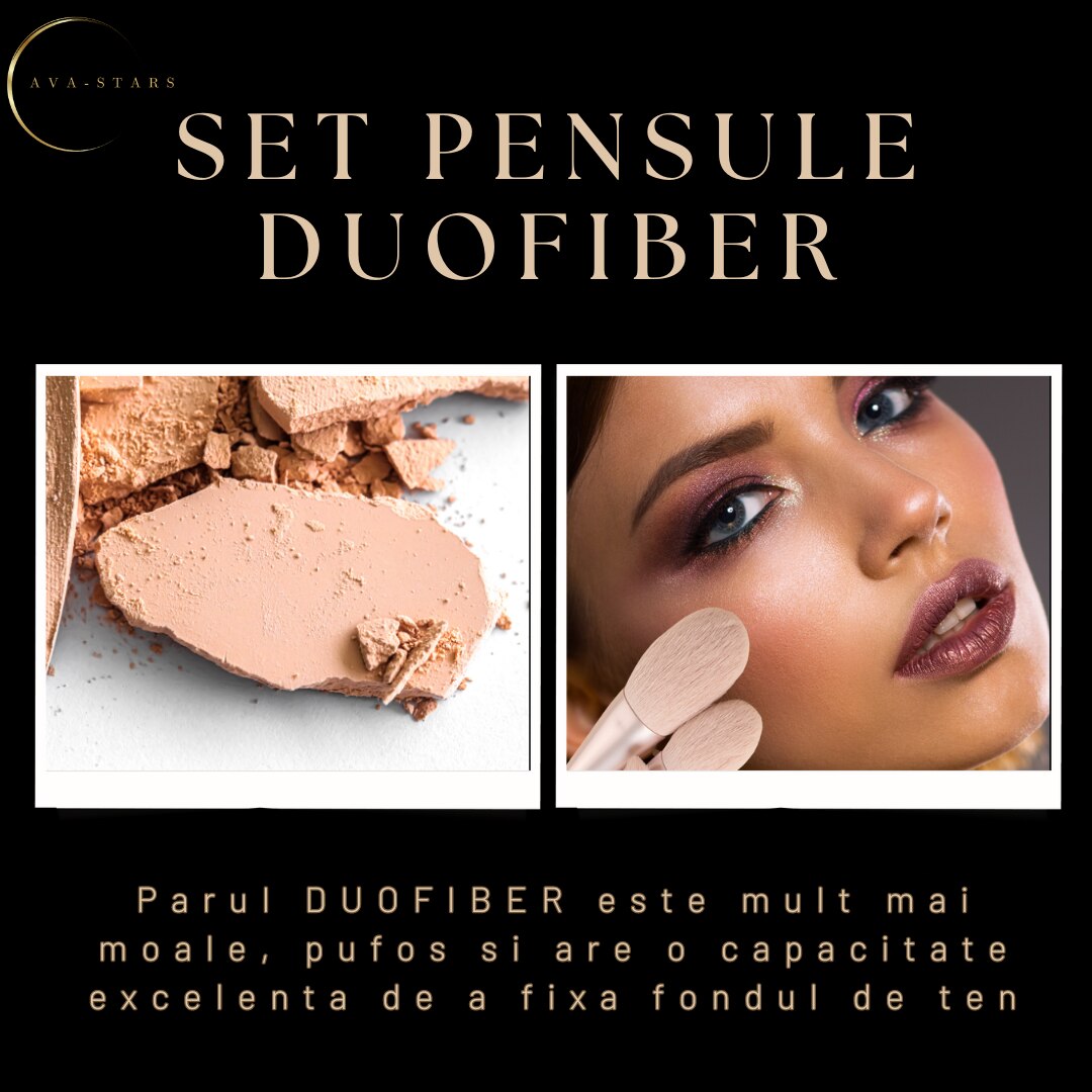 Pensule Machiaj Set DuoFiber cu manere din lemn si aluminiu, Trusa make ...