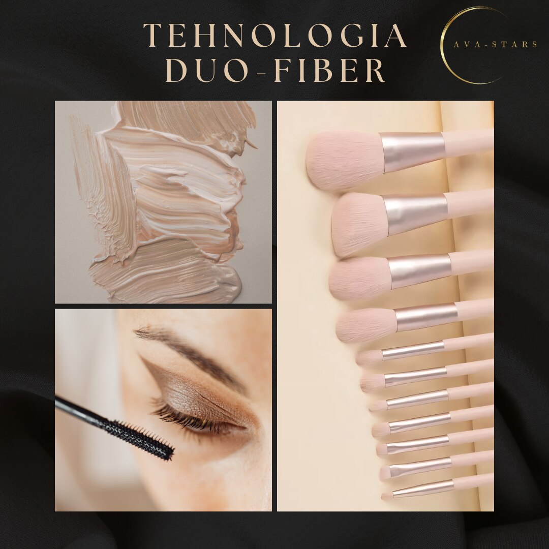 Pensule Machiaj Set DuoFiber cu manere din lemn si aluminiu, Trusa make ...