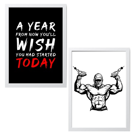 Set 2 Tablouri decorative cu mesaj Motivational GYM, Workout, Alb ...