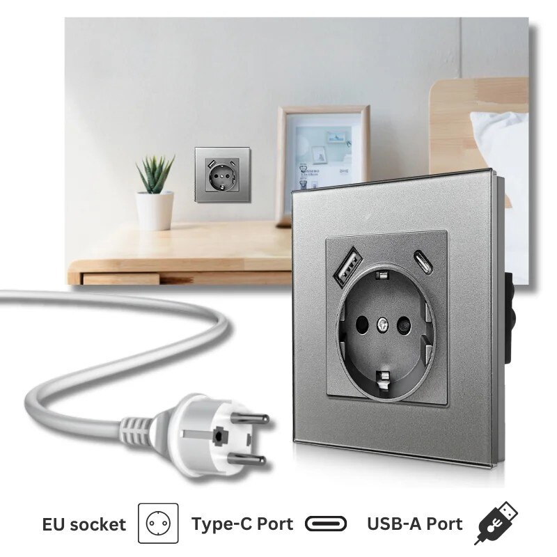 Priza rama sticla securizata, porturi USB-A si USB-C, iUni UC1, 16A ...