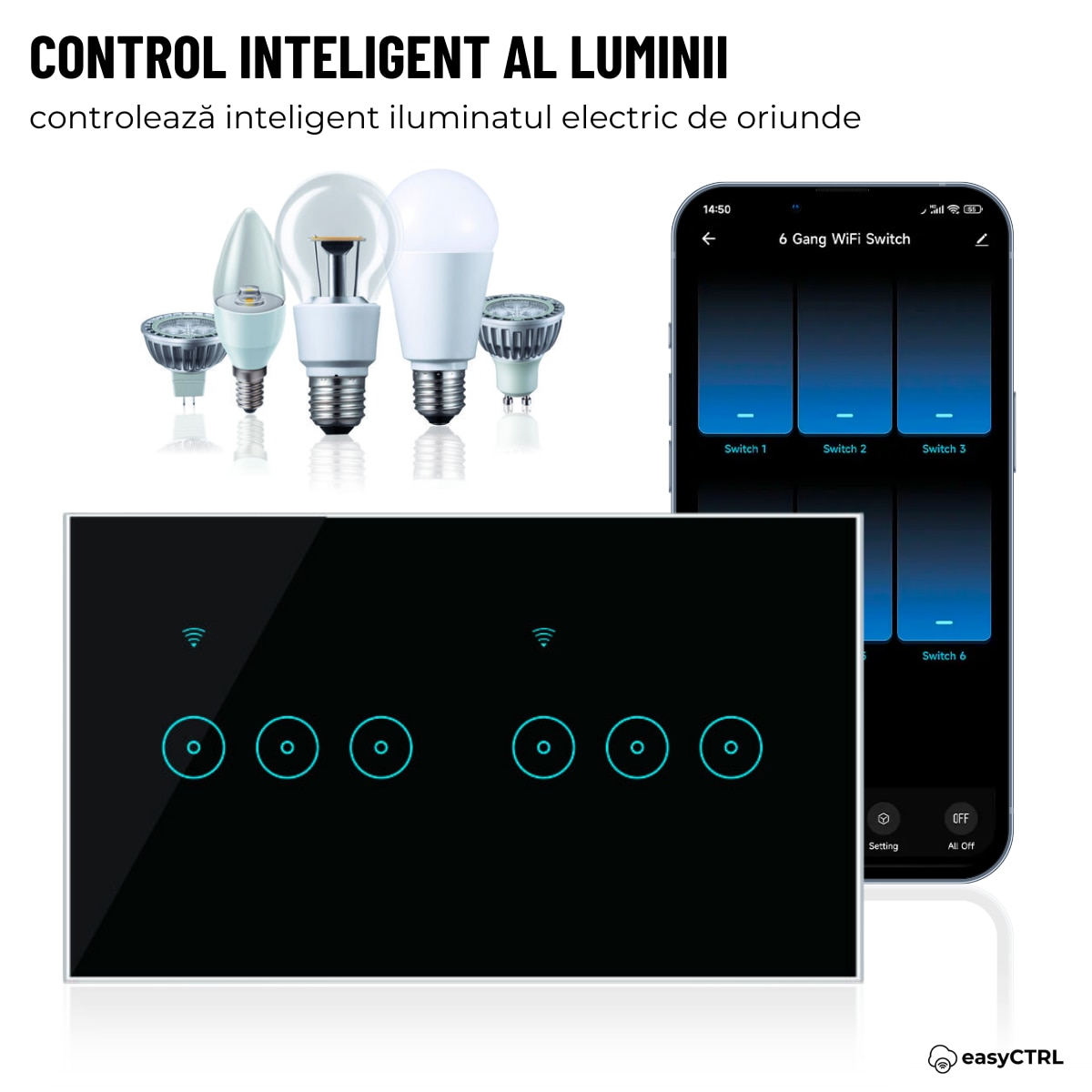 Intrerupator inteligent cu touch, Wi-Fi, fara Nul, 6 Canale, Control ...
