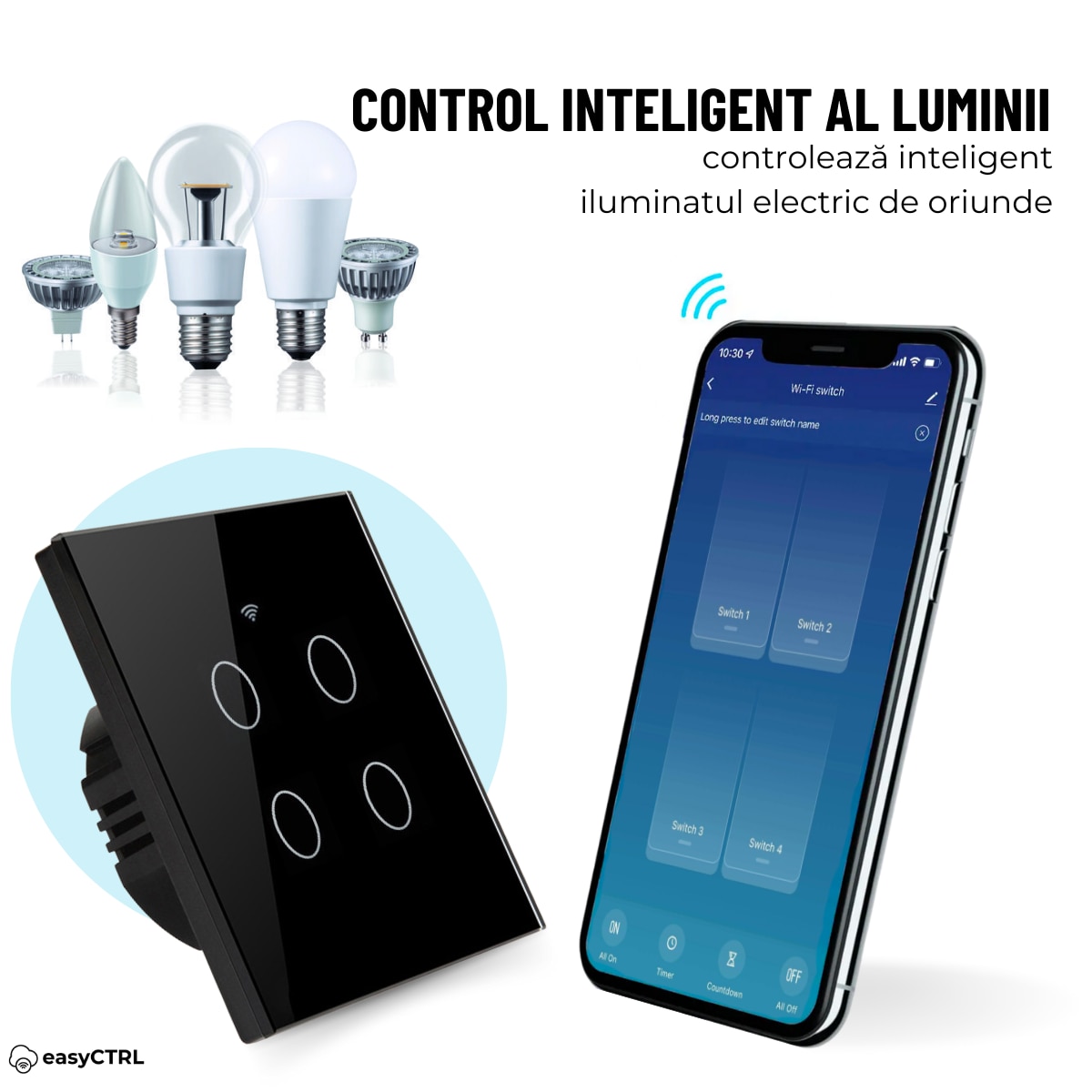 Intrerupator inteligent cu touch, Wi-Fi, fara Nul, 4 Canale, Control ...