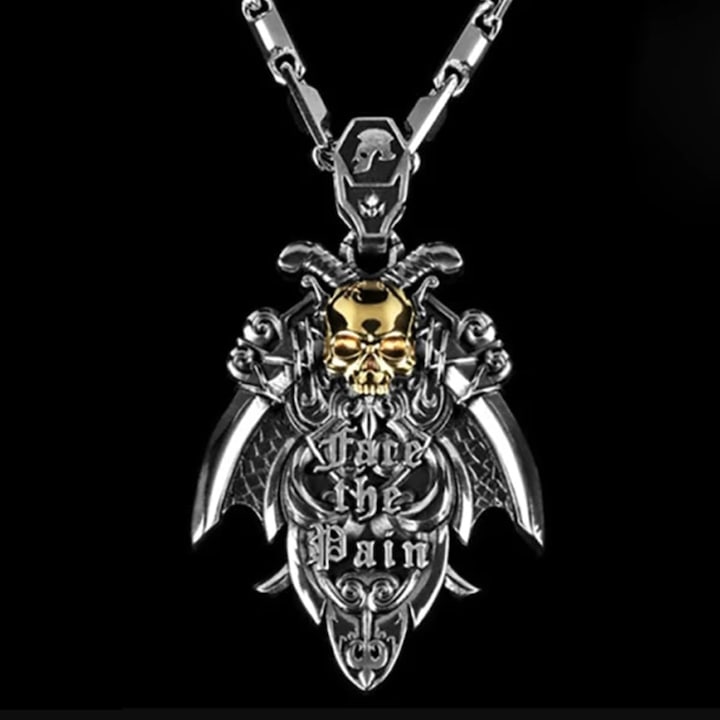 Lant cu pandantiv cap de schelet si sabii, model face the pain ...