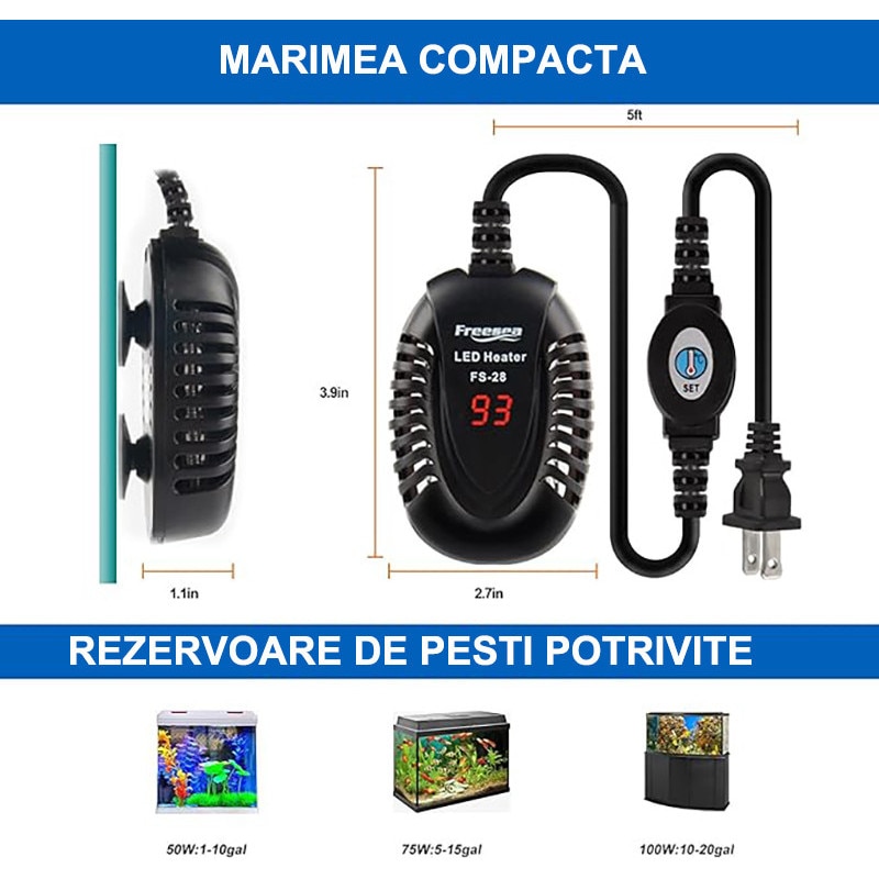 Incalzitor acvariu submersibil, Control extern, Afisaj LED, 75W, 30-45L ...