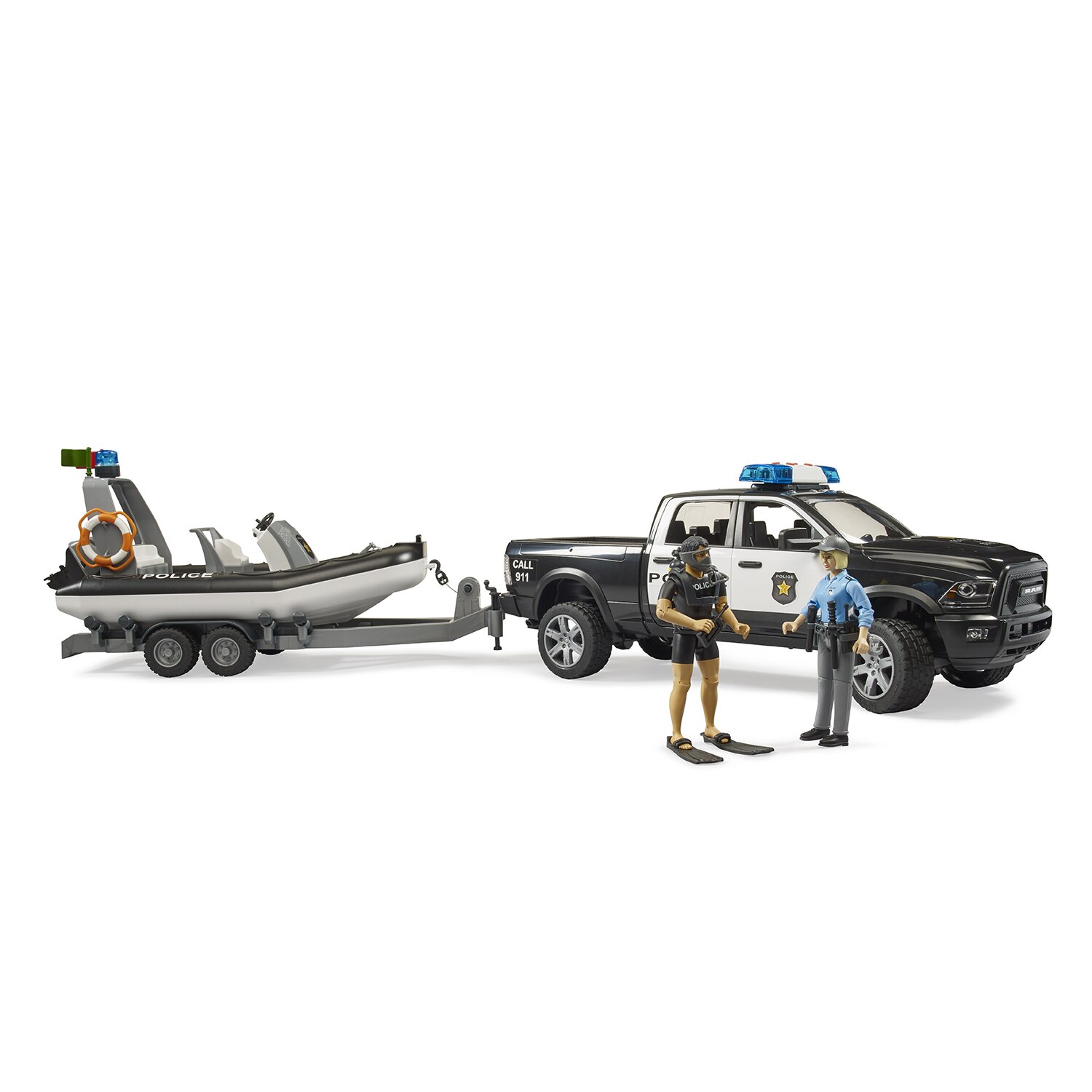 Bruder - Police Dodge Ram 2500, utánfutóval és csónakkal, fényekkel és ...