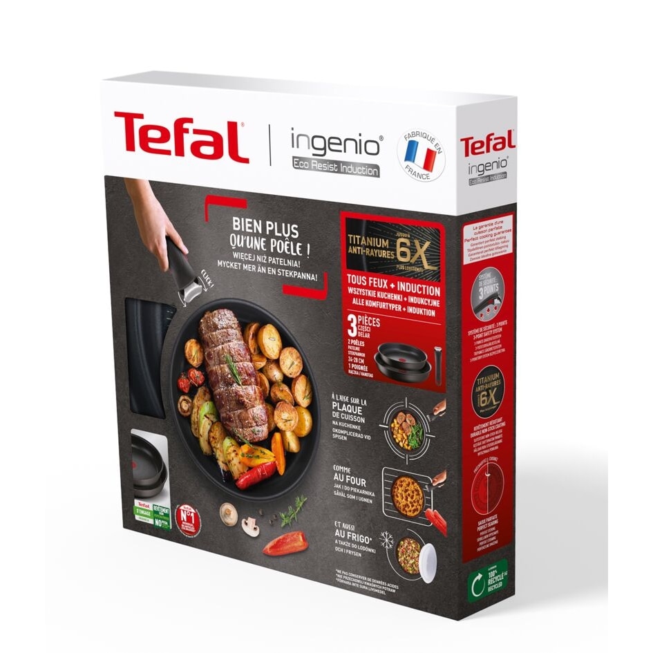 Set 3 piese vase de gatit Tefal Ingenio Eco Resist On, inductie, maner detasabil - eMAG.ro