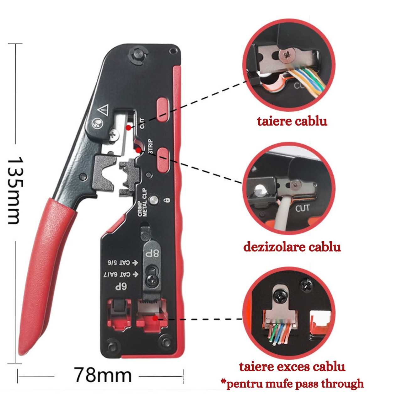 Cleste de sertizare multifunctional, cablu retea UTP, FTP, conectori ...