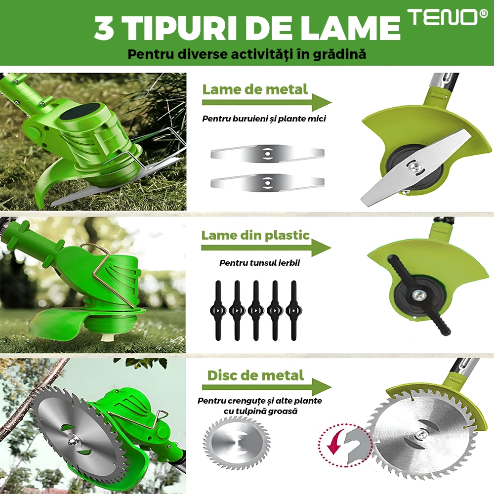 Teno® elektromos fűnyíró, 48 V-os akkumulátor, teleszkópos bot, 3 féle ...