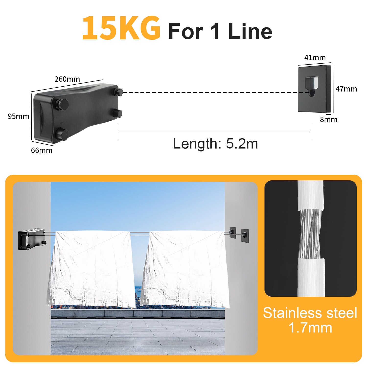 Uscator rufe retractabil, JESWO, 5.2m, 20kg, 25.5x9.5x6.3cm, Negru ...