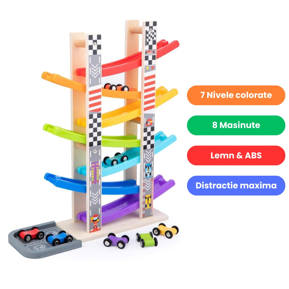 Set Rampa cu 8 masinute pentru copii, Din Lemn si ABS, Pentru fete si ...