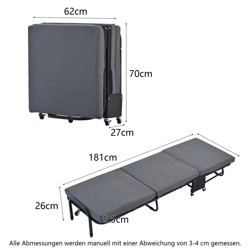 Pat pliant cu roti, Metal, 62x181x26cm, 150kg, Gri/Negru - eMAG.ro