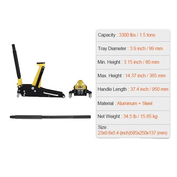 Cric auto, VEVOR, Aluminiu/Otel, Hidraulic, 15 tone, Galben/Negru - eMAG.ro