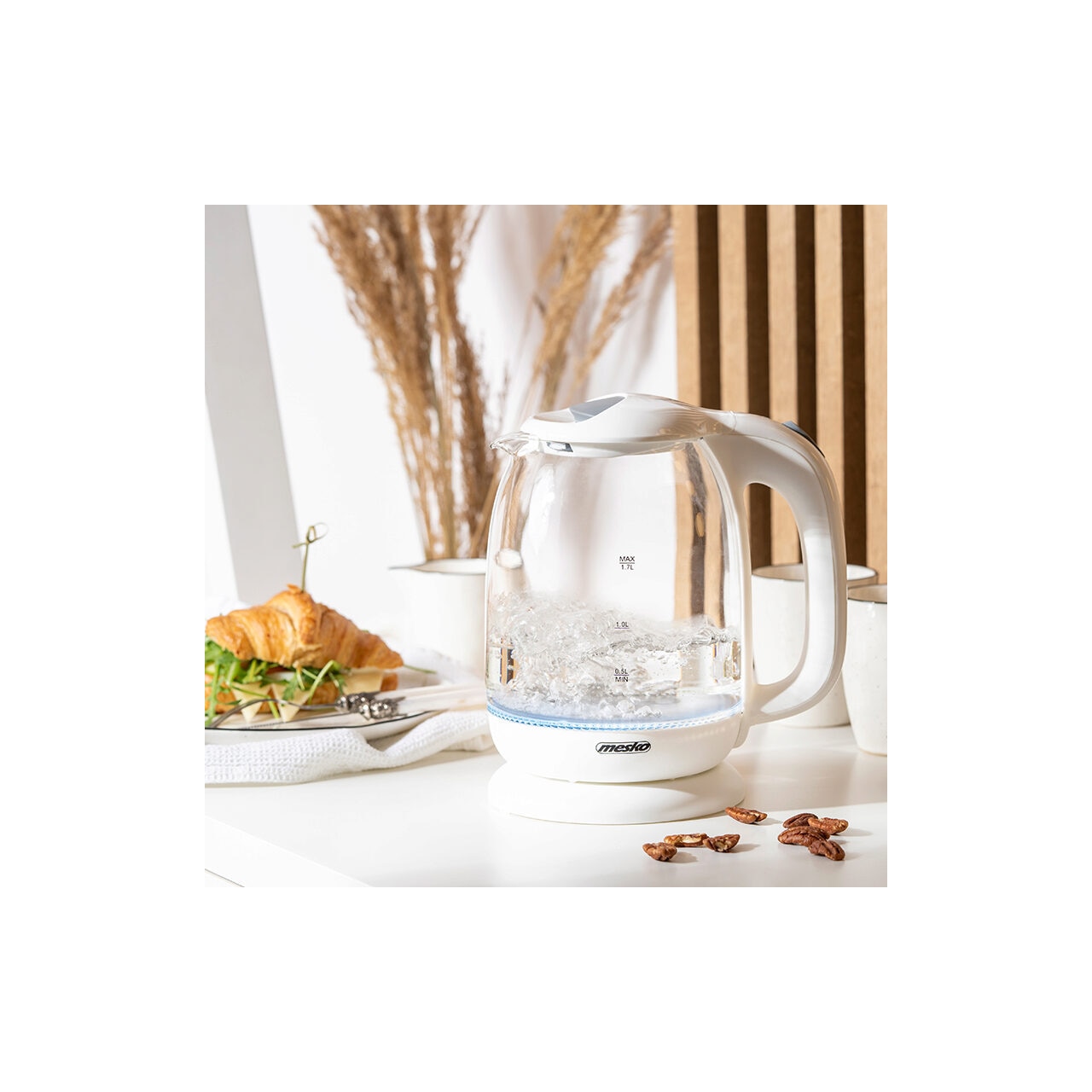 Fierbator electric cordless, Sticla, Alb, Capacitate 1.7 l, Putere 2200 ...