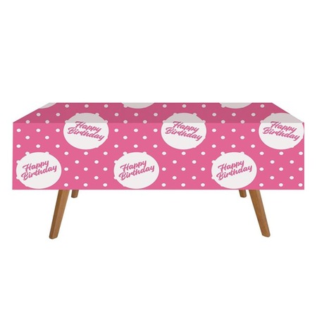 Fata de masa din plastic, roz cu buline cu mesaj "Happy Birthday ...