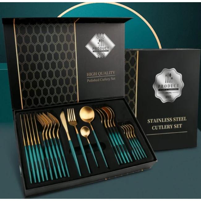 Stainless, portugál evőeszköz készlet, Royal Inox, arany/zöld, 24 db ...