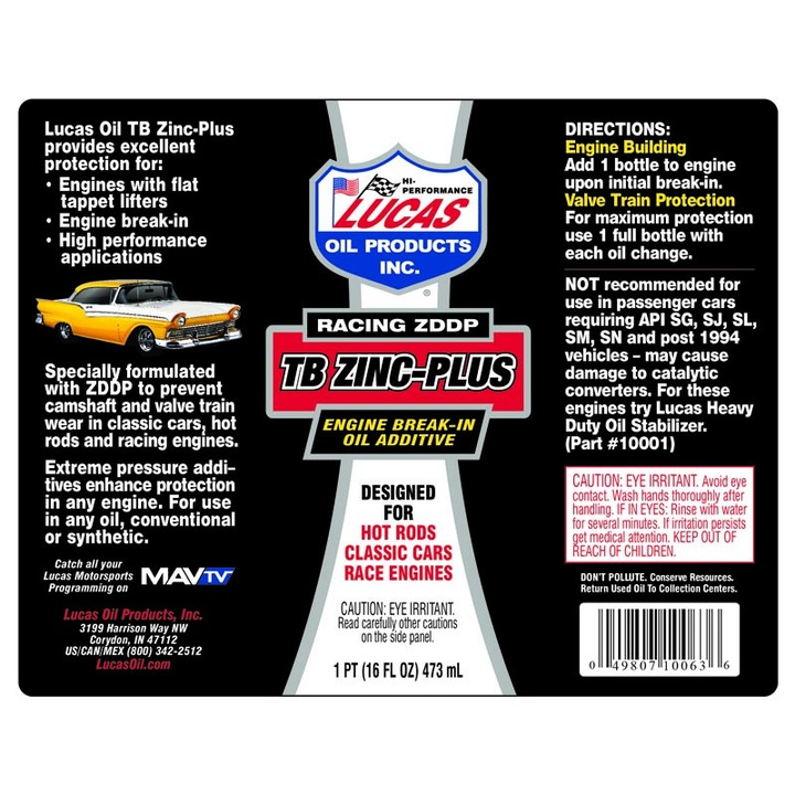 Цинкова добавка за масло на Lucas Oil Products за разработване на ...