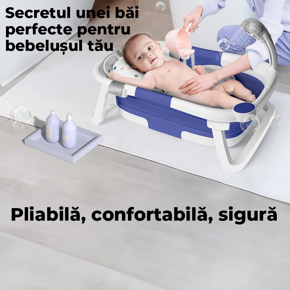 Cadita de baie pentru bebelusi cu pernuta textila, portabila, pliabila ...