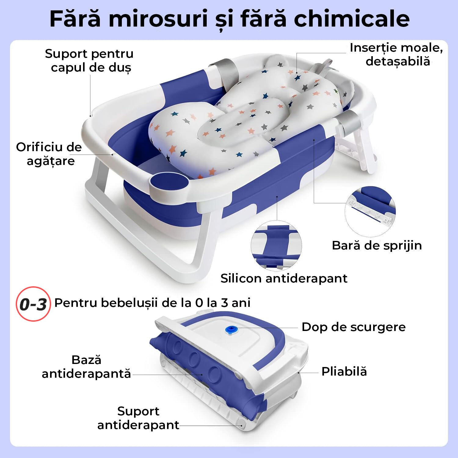 Cadita de baie pentru bebelusi cu pernuta textila, portabila, pliabila ...