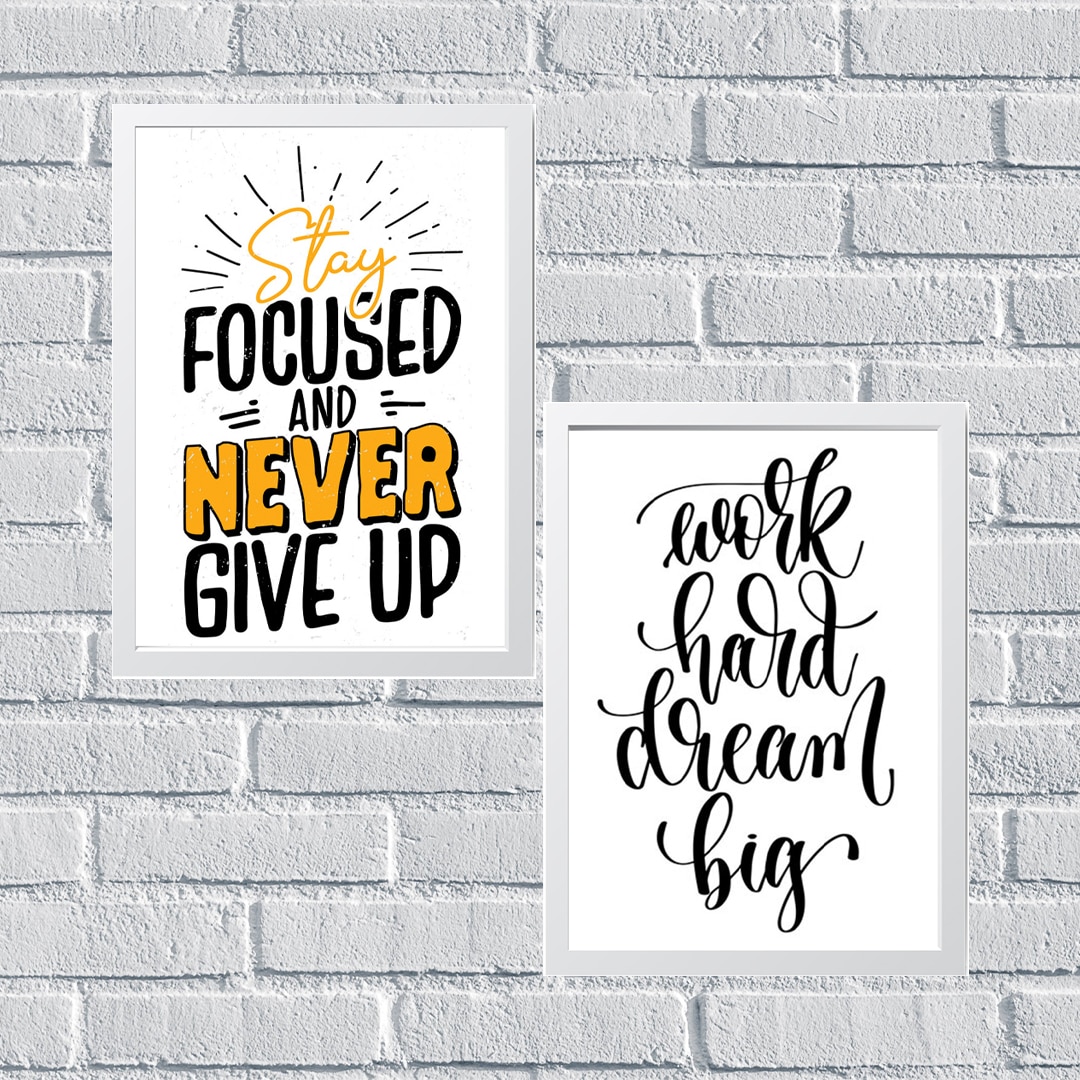 Set 2 Tablouri decorative cu mesaj Motivational Gym "Stay Focused", Alb ...