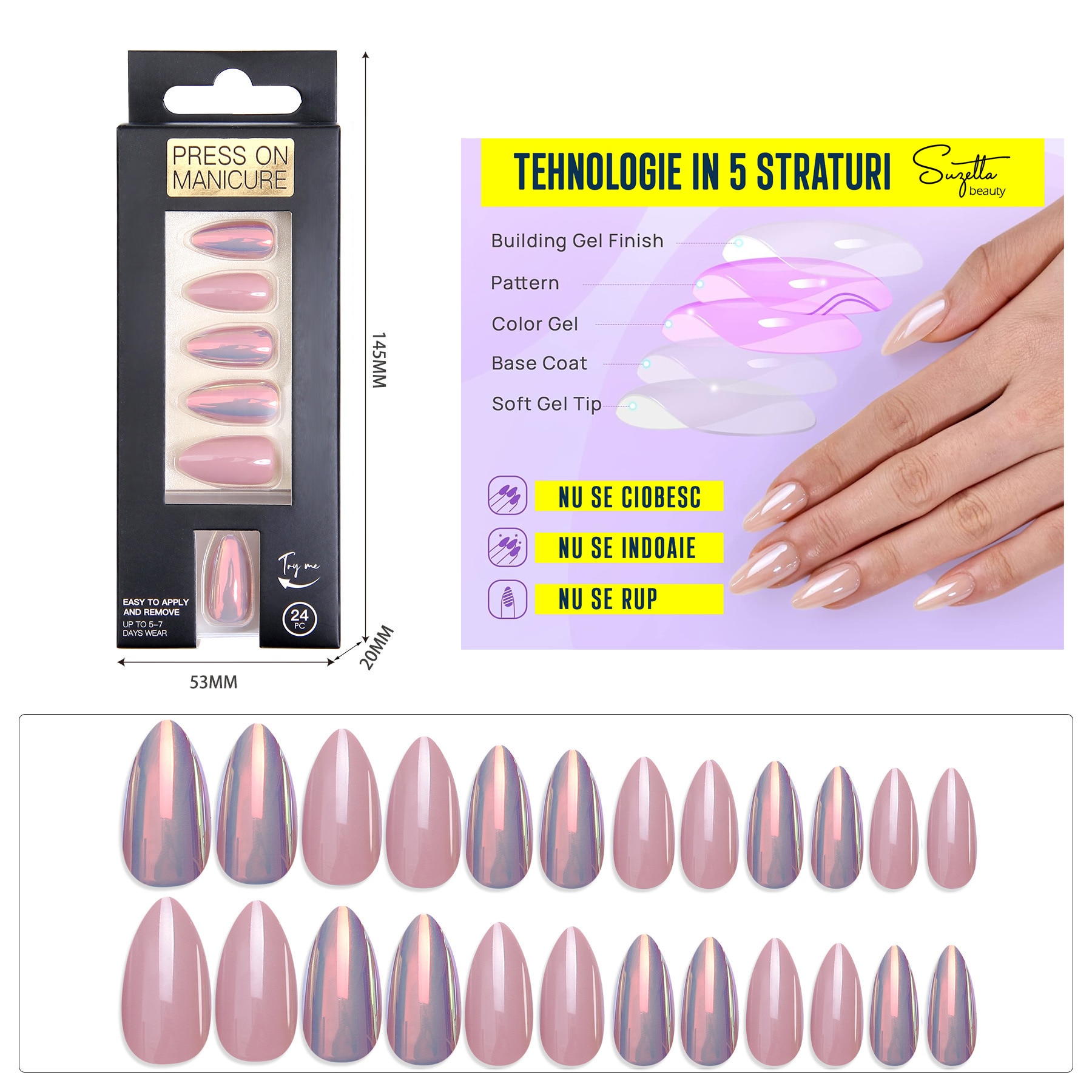 Unghii false autoadezive, Press-On Gel, Migdala, 24 unghii false cu ...