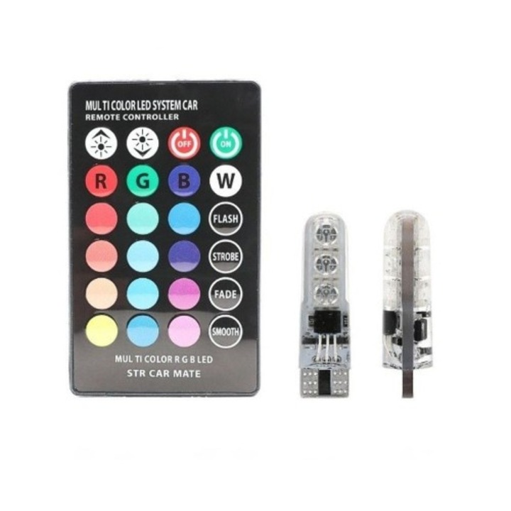 Set 2 becuri cu LED, T10, RGB, 12V, 5W, cu telecomanda, 196797 - eMAG.ro