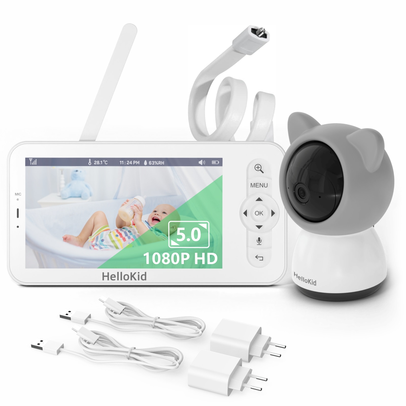 Baba videómonitor WiFi 2 az 1-ben HelloKid™ Duo 2K UltraHD/5” Night Vision, Okostelefon ...