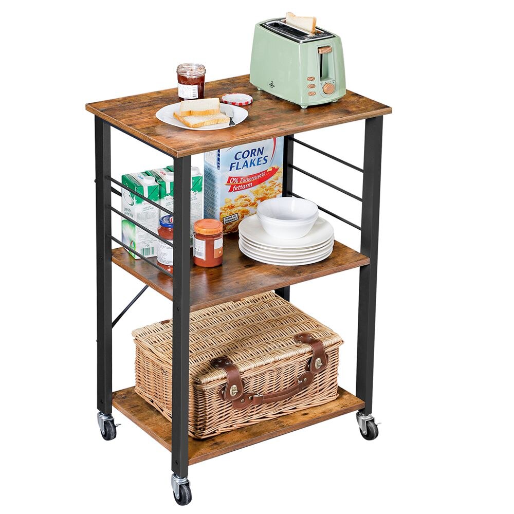 Suport de bucatarie pe roti, ZenderTextil, Lemn, Metal, Maro, Negru ...