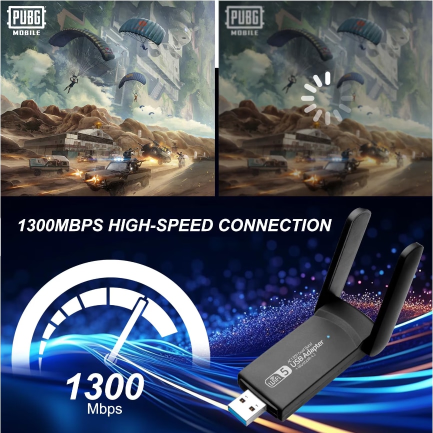 Vezeték nélküli adapter, kétsávos, WiFi Ethernet, 1300 Mbps, USB 3.0, 2 ...