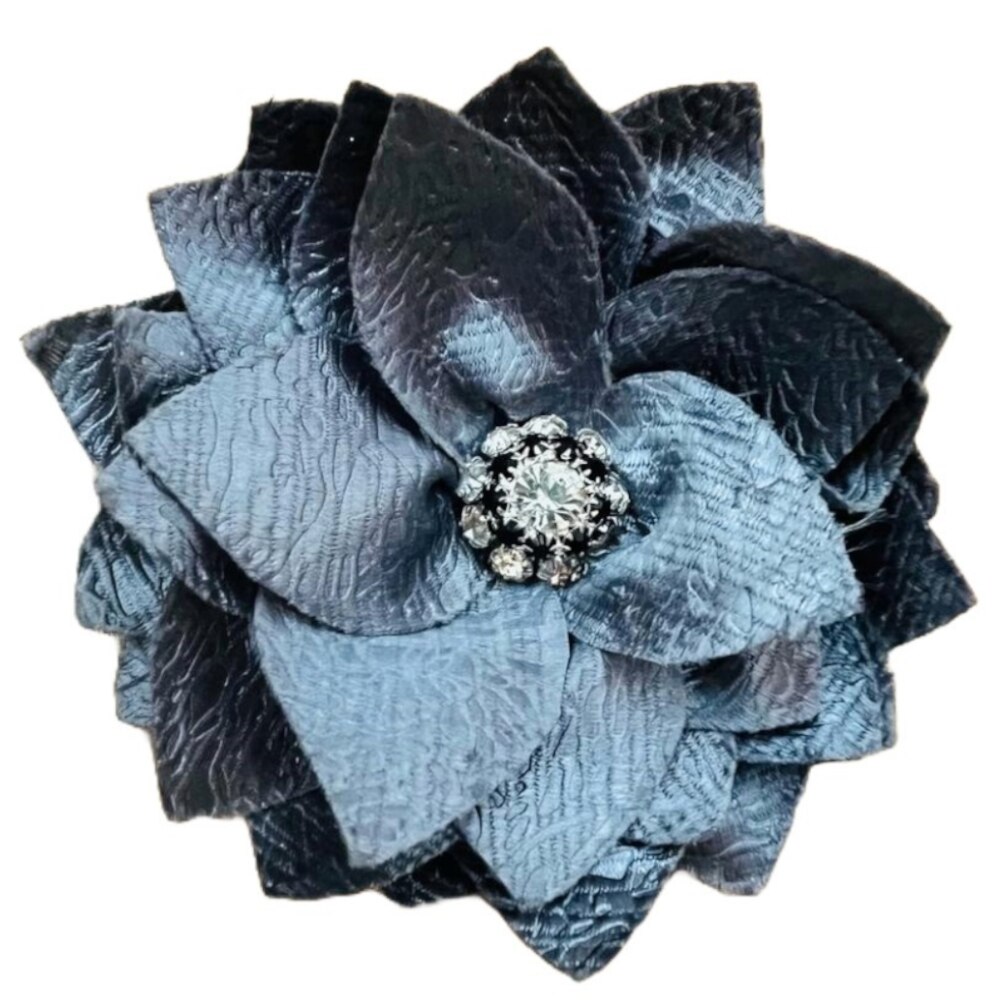 Brosa maxi, model floare, material textil, cristale, 10 cm, Negru ...