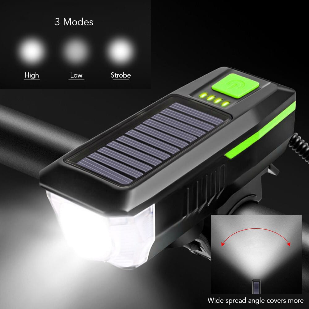 Far bicicleta, incarcare solara si USB, difuzor cu sonerii, AVI-2875 ...