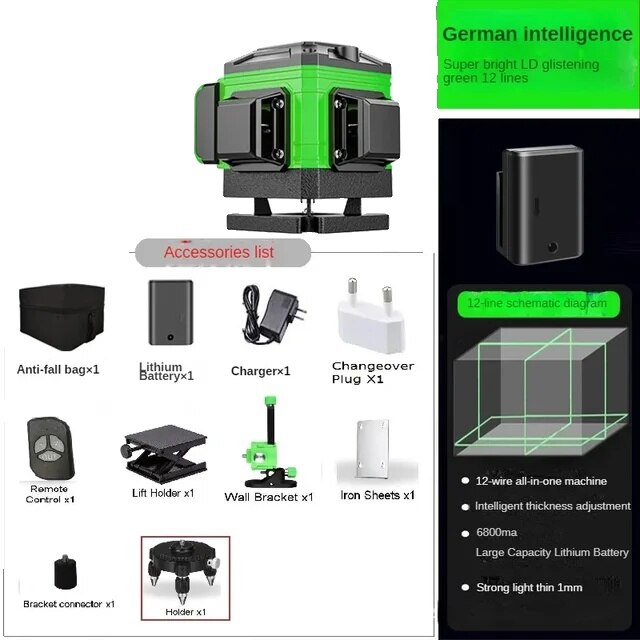 Nivel laser, 3D/4D, autonivelare, verticala orizontala, linie verde 12 ...