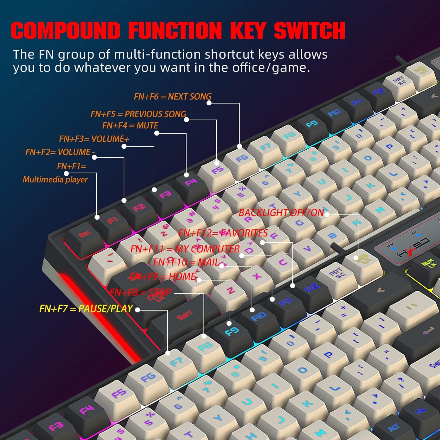 Tastatura Gaming RGB cu fir cu iluminare de fundal LED multi-Rainbow 8 ...