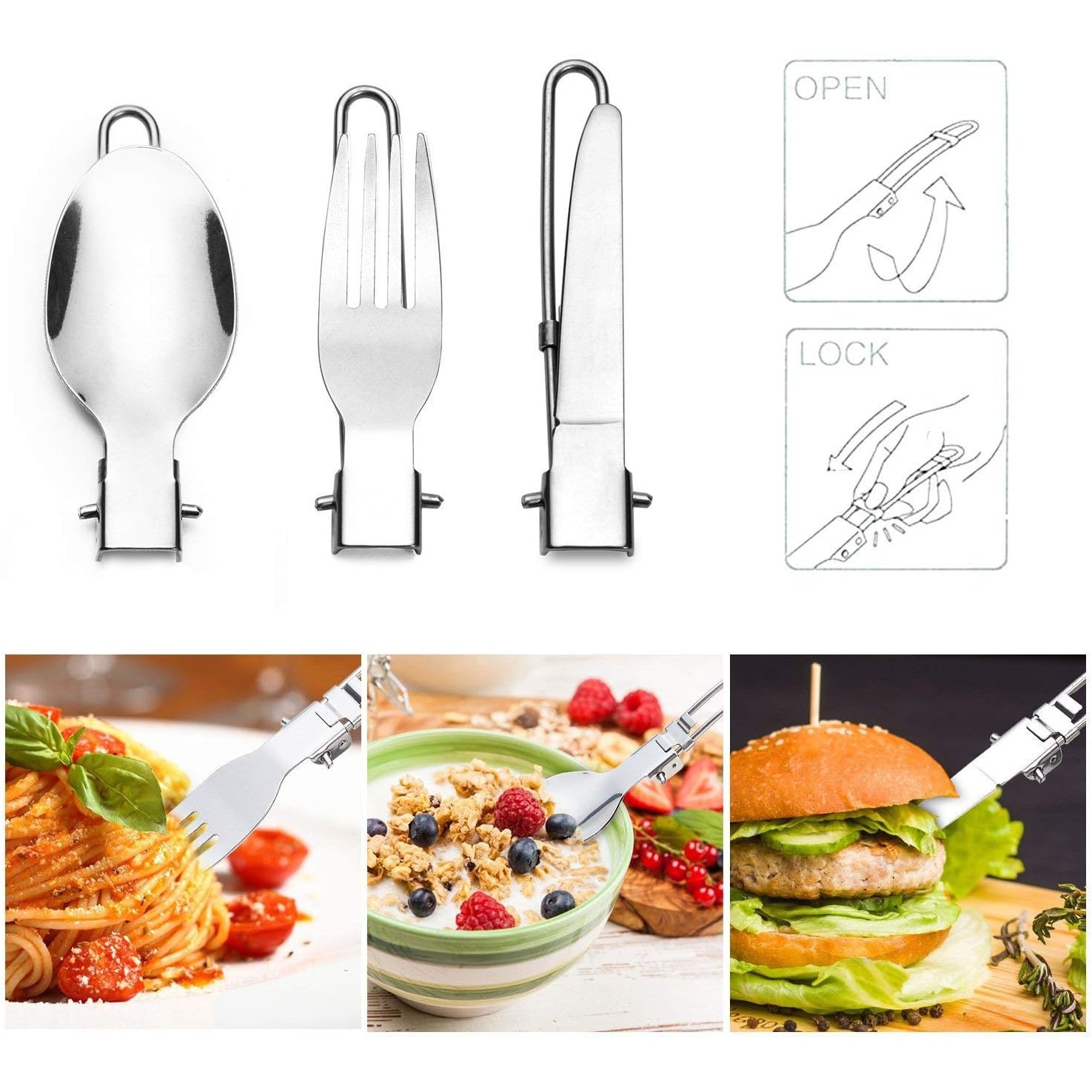 Set de gatit pentru camping, tacamuri pliabile, Inox/Silcon, Negru ...