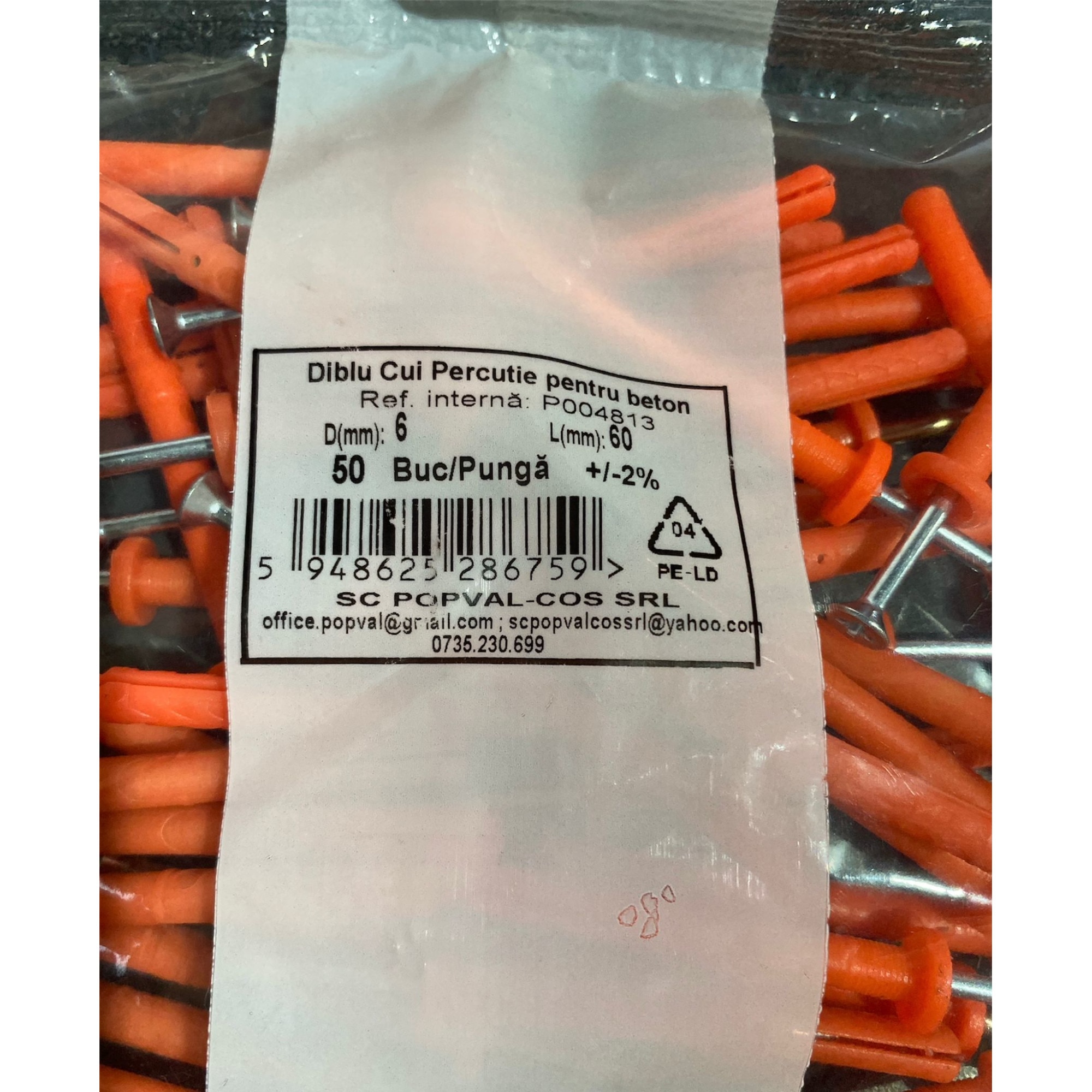 Dibluri cu surub cui percutie pentru beton/BCA, Ø 6x60 mm, set 50 buc ...