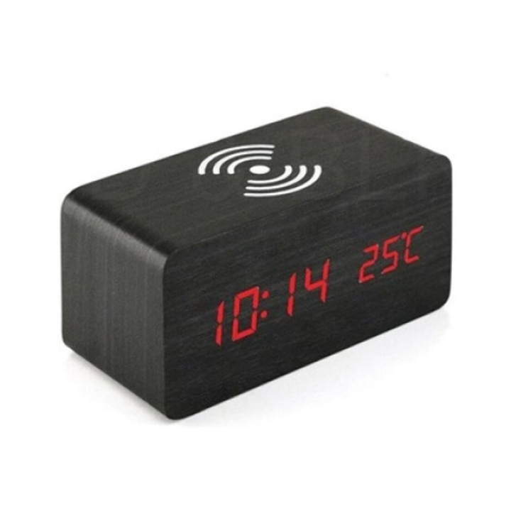Ceas Digital de Birou cu Incarcare Wireless, Led Rosu, Temperatura ...