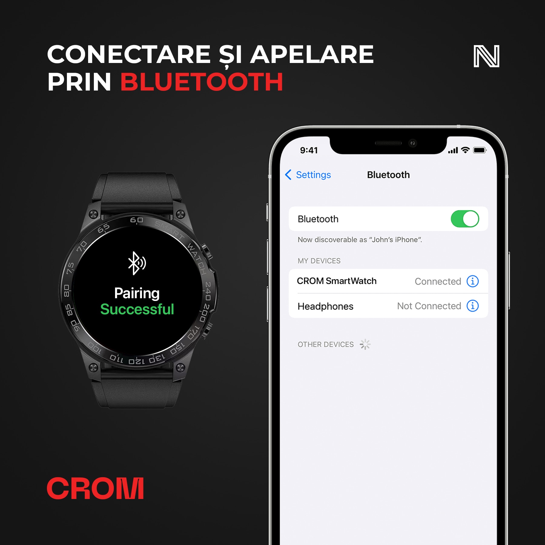 Ceas smartwatch CROM Men Series, ecran HD 1.43", limba romana ...