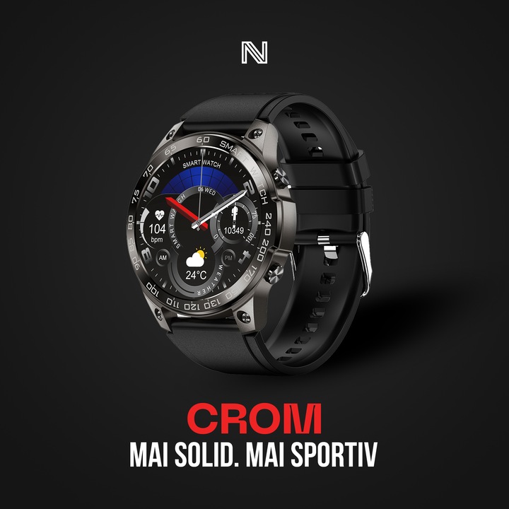 Ceas smartwatch CROM Men Series, ecran HD 1.43", limba romana ...