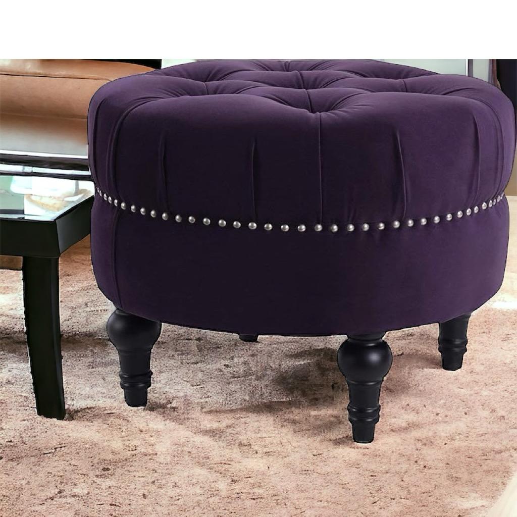 Taburet otoman din catifea, tapitat, cu nasturi decorativi, Violet ...