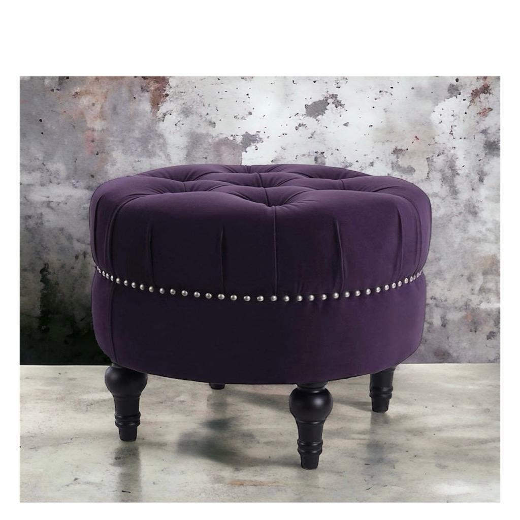 Taburet otoman din catifea, tapitat, cu nasturi decorativi, Violet ...