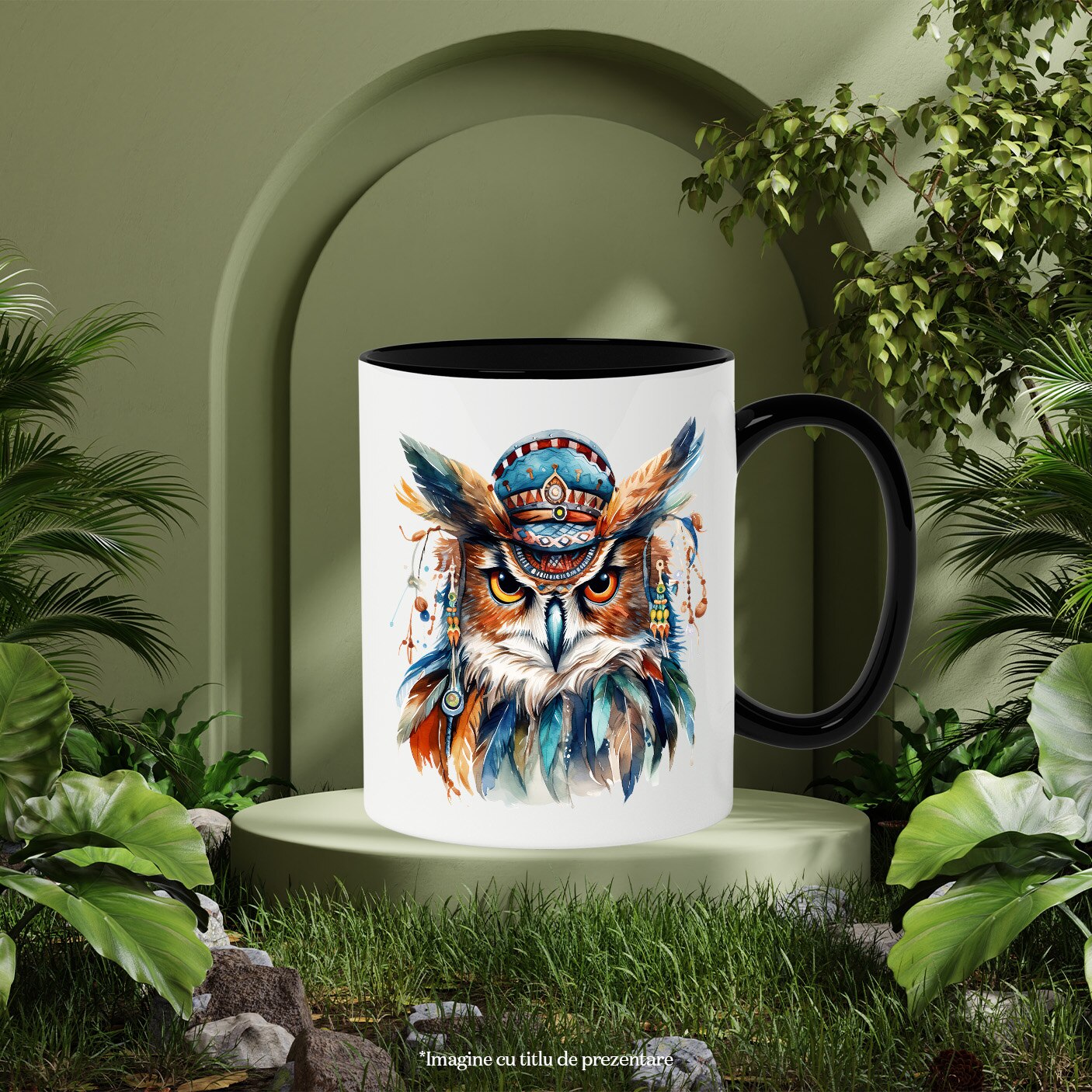 Cana cu o bufnita serioasa, ilustratie, pene de la indigeni, indieni ...