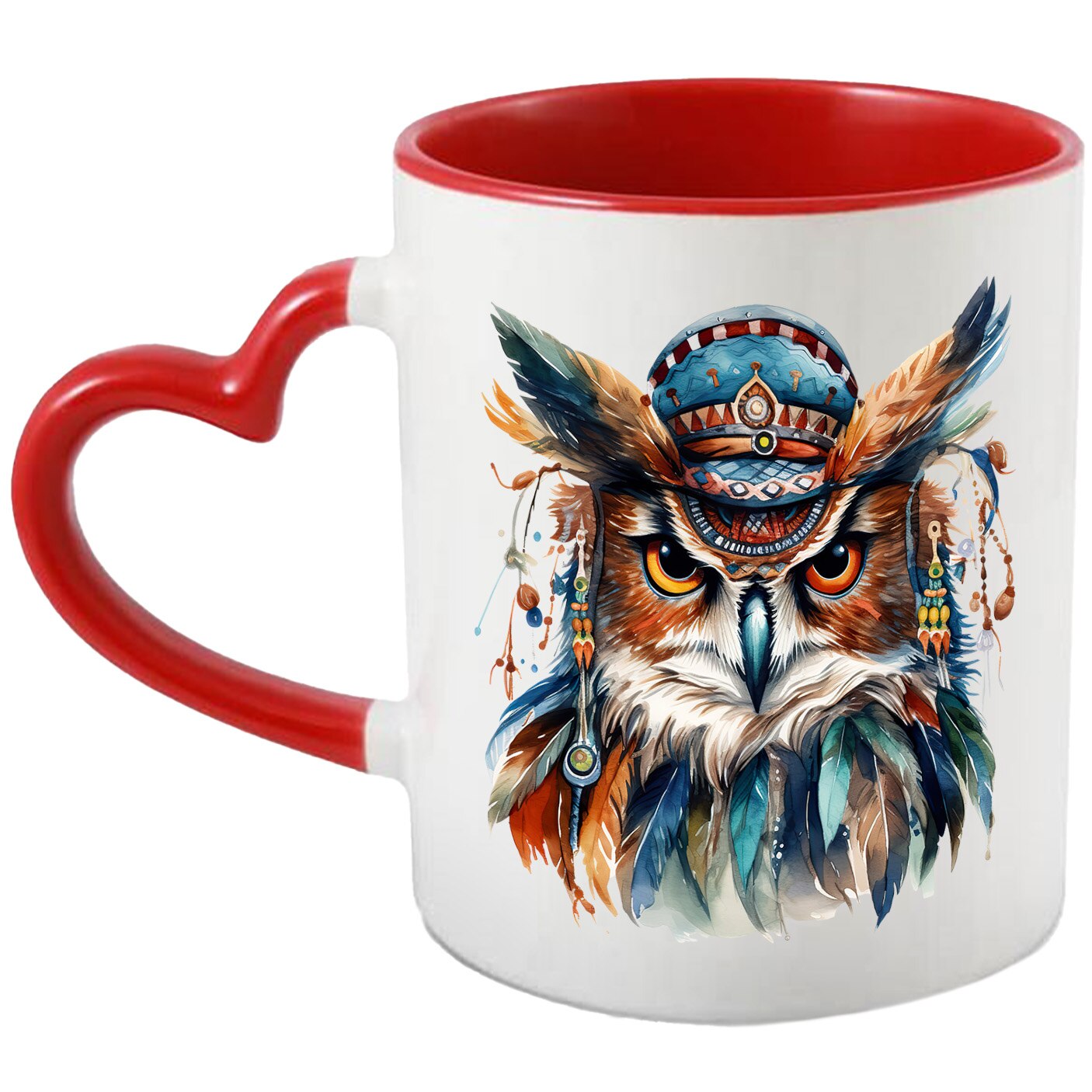 Cana cu o bufnita serioasa, ilustratie, pene de la indigeni, indieni ...