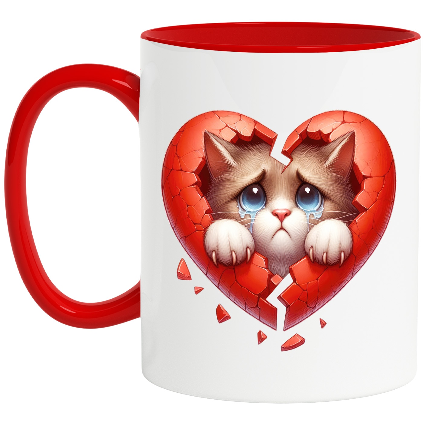 Cana cu o pisicuta trista care lacrimeaza, ilustratie, inima rupta ...