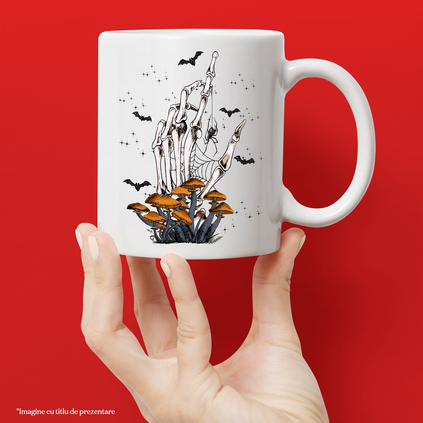 Cana cu o mana de schelete care iese din pamant, ilustratie, ciuperci ...