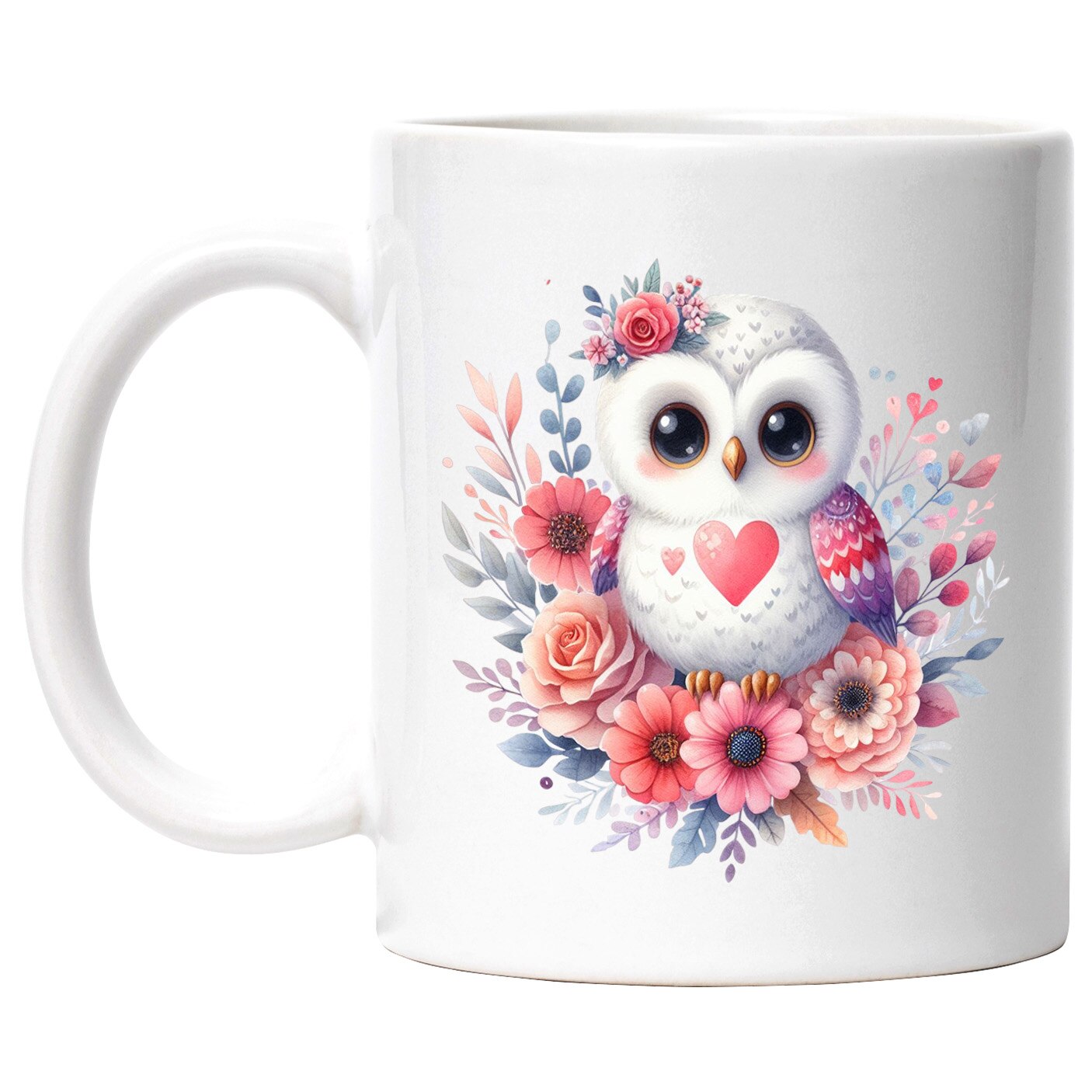 Cana cu o micuta bufnita imbujorata, ilustratie, flori, trandafiri ...