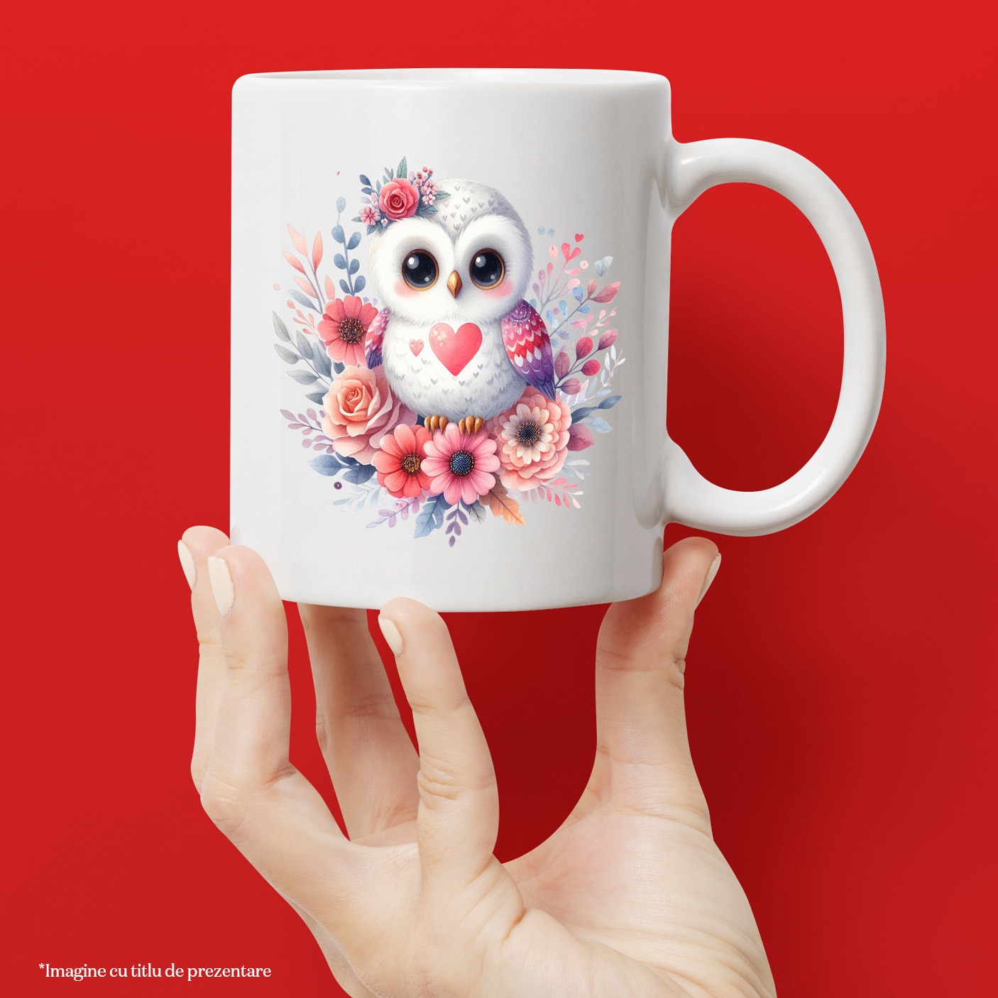 Cana cu o micuta bufnita imbujorata, ilustratie, flori, trandafiri ...