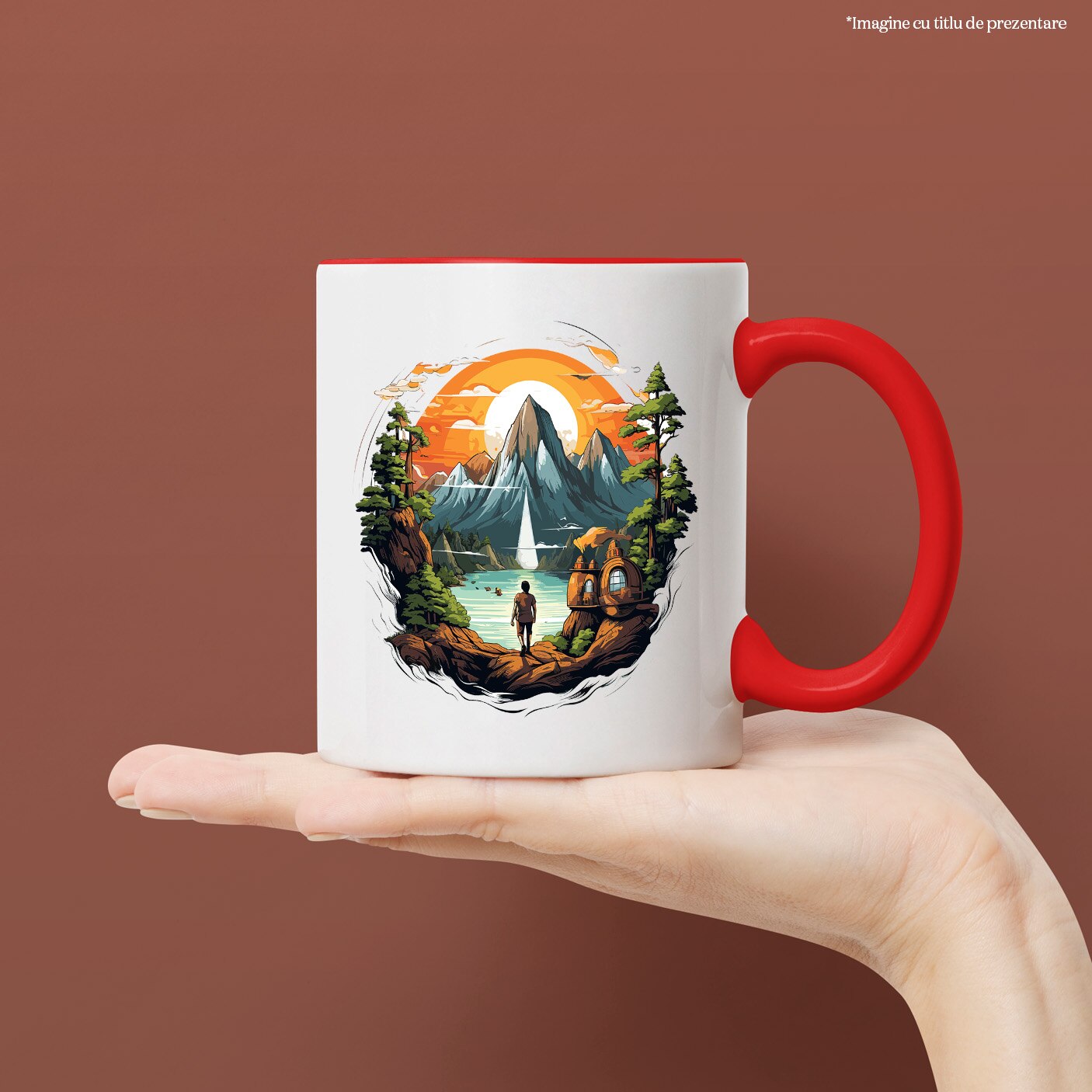 Cana cu un om in fata unor munti, ilustratie, apa, lac, copaci ...