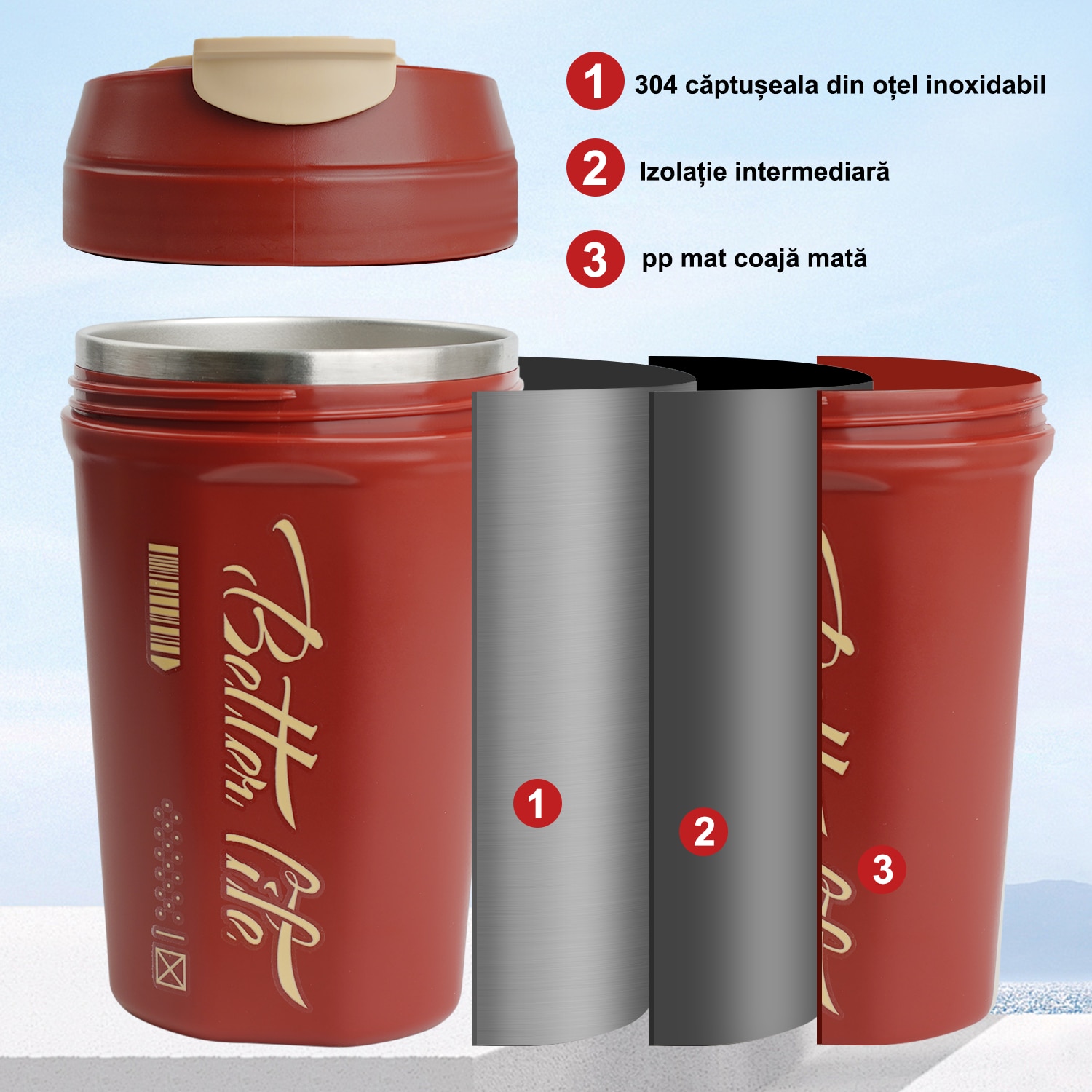 Термо чаша, Xinxu, за кафе, чай, еспресо, шоколад или студени напитки, 360° система, Двуслойна ...